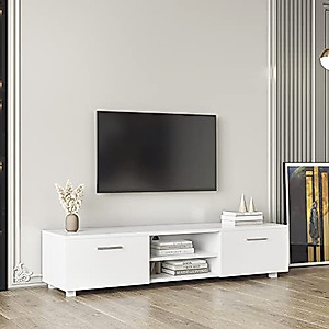 Noskatu Modern TV Stand with 2 Storage Cabinets Entertainment Center for 65 inch TV Simple Television Media Console Table with 2 Open Shelves Wood TV Unit for Home Living Room Bedroom White