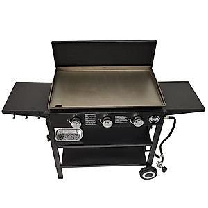 Griller's Choice Outdoor Griddle Grill Propane Gas Flat Top - Hood Included, 4 Shelves, Disposable Grease Cups, 36,000 BTU's, Large Cooking Area, Paper Towel Holder.