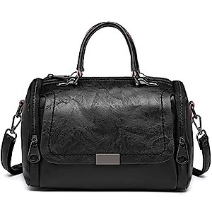 KKP Women's Purse Leather Handbags Women Travel Satchel Bag Adjustable Strap Boston Bag-Black
