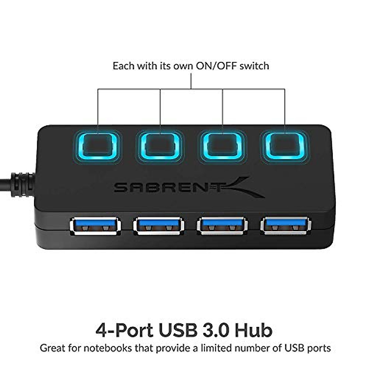 SABRENT 4 Port USB 3.0 Hub with Individual LED Lit Power Switches, Includes 5V/2.5A Power Adapter (HB-UMP3)