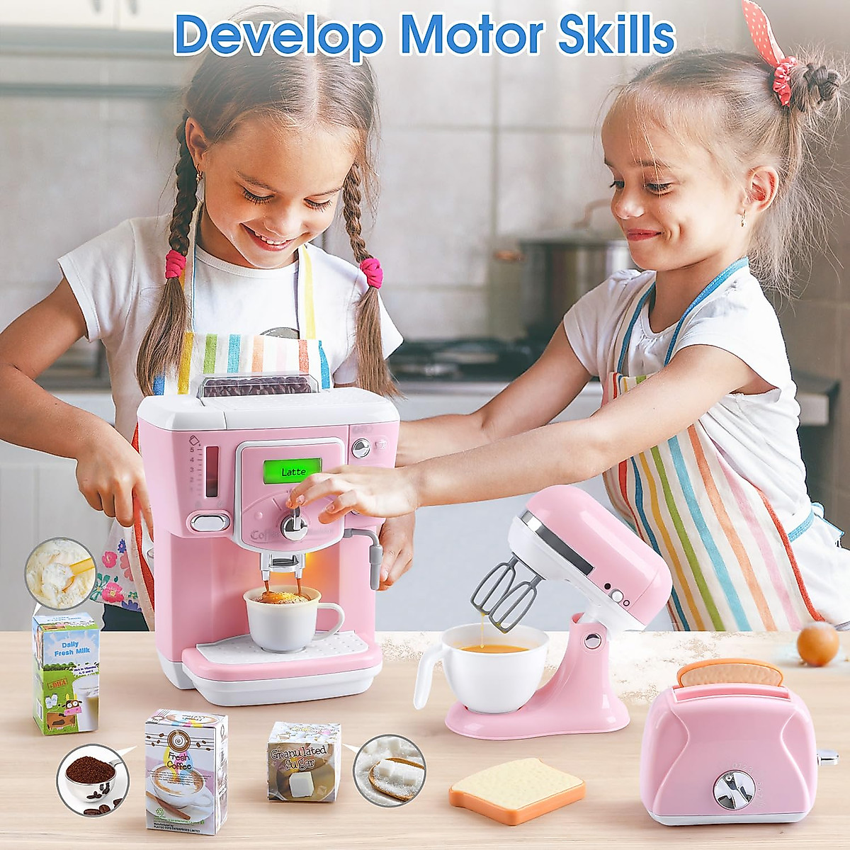 Play Kitchen Appliances Toys - Kids Kitchen Playset Accessories Pretend Kitchen Play for Toddlers 3-5 Large Coffee Maker, Mixer, Toaster with Realistic Sound Play Kitchen for Kids Ages 4-8 Gift