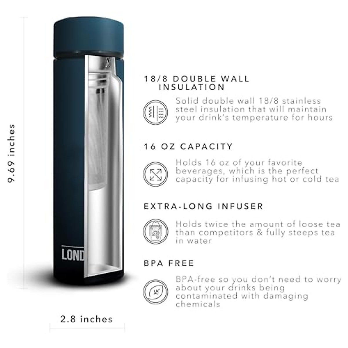London Sip Multi-Purpose Travel Mug and Tumbler Fruit Infused Flask Hot and Cold Double Wall Stainless Steel Thermos with Extra-Long Infuser, Midnight Teal, Pack of 2