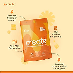 Create Creatine Monohydrate Gummies for Men & Women, Boost Focus, Strength, and Endurance, Anti-Melting Formula, Vegan, Gluten-Free, Non-GMO, 1.5g of Creatine per Gummy (Orange, 90ct)