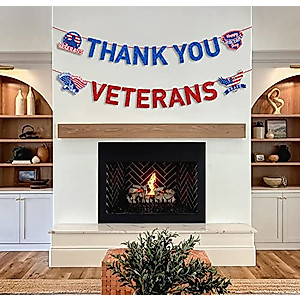 JKQ Blue Red Glitter Thank You Veterans Banner Happy Veterans Day Garland Banner Land of the Free Because of the Brave Honoring All Who Served America Patriotic Party Fireplace Mantle Wall Decorations Supplies