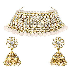 Aheli Elegant Indian Traditional Wedding Wear Kundan Pearl Encrusted Choker Necklace Set with Jhumki Earrings Ethnic Bollywood Party for Women (White)