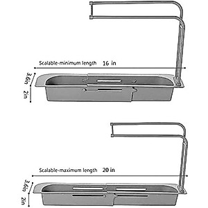 Gohfeoeo Telescopic Sink Storage Rack Adjustable Sink Organizer Sink Storage Sponge Soap Holder with Dishcloth Hanger Expandable Storage Drain Basket for Home Kitchen(Gray)