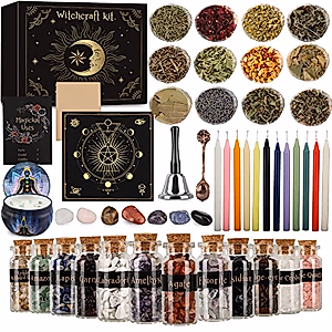 Witchcraft Supplies Kit, 60 PCS Wiccan Supplies and Tools, Include Dried Herb, Crystal Jars, Colored Candles, Witch Bell, Parchment, Witchy Gifts, Witch Starter Kit Altar Supplies Pagan Decor Rituals