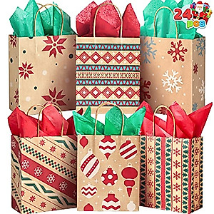 JOYIN 24 Christmas Kraft Gift Bags for Holiday Paper Gift Bags, Christmas Goody Bags, Xmas Gift Bags, Classrooms and Party Favors (9 x 7.3 x 3.3")