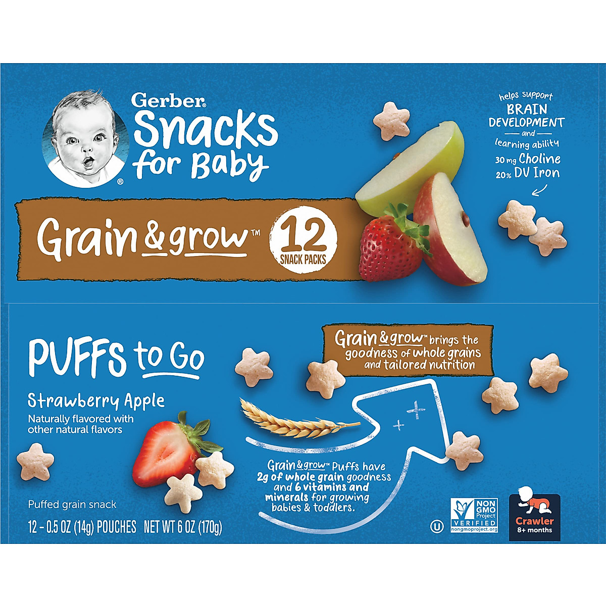 Gerber Snacks for Baby Grain & Grow Puffs To Go, Strawberry Apple, Non-GMO Puffed Grain Baby Snack for Crawlers, Pack of 1 Box