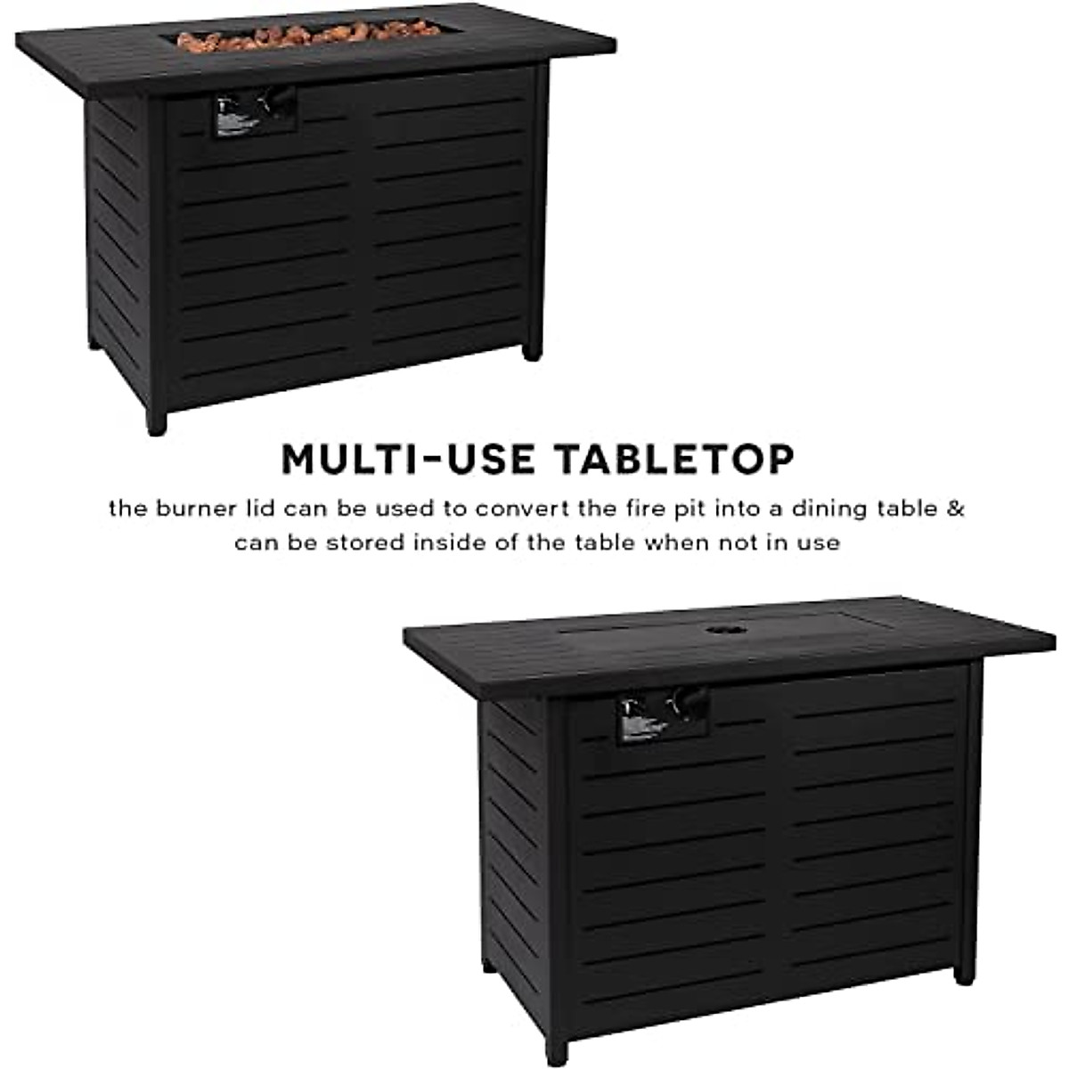 42" 60000BTU Outdoor Gas Propane Fire Pit Retangular Firepit Table withTabletop and Weather Cover, Indoor Outside Firepit Table w/ Lava Rock for Garden Courtyard Backyard Deck Poolside Party