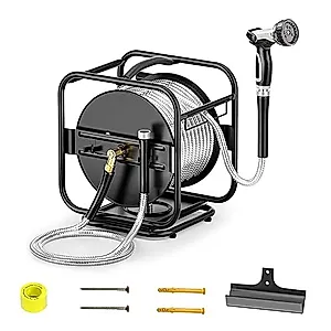 SPECILITE Heavy Duty Metal Garden Hose Reel With 100 Ft 304 Stainless Steel & 9-Pattern Metal Nozzle, 360° Rotation Frame,Wall Mount/Floor Hose Reel,