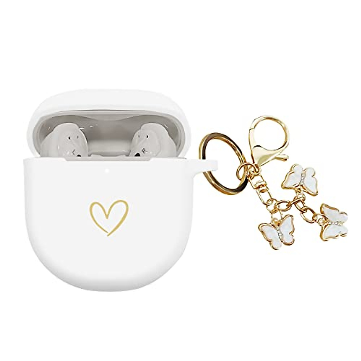 AIIEKZ Compatible with Bose QuietComfort Earbuds II 2022, Soft Silicone Case with Gold Heart Pattern for Bose QC II Case with Cute Butterfly Keychain for Girls Women (White)