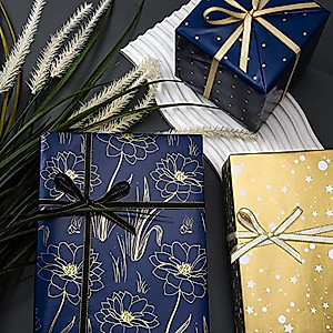 LeZakaa Floral Wrapping Paper Roll - Mini Roll - Gold Stamping Design - Lotus/Star/Dot for Wedding, Bridal Shower, Birthday - 17 x 120 inches - 3 Rolls (42.5 sq.ft.ttl.)