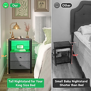 Cyclysio NightStands Set of 2 with LED Lights, Night Stand with Charging Station, 25.6'' Bedside Tables with 2 Drawers for Bedroom Living Room, Grey