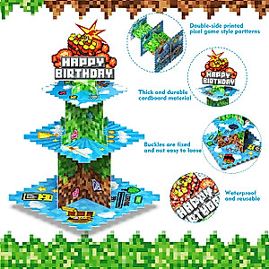 3-Tier Pixel Game Style Cupcake Stand,Mining Birthday Party Decoration Cardboard Cupcake Stand, Dessert Holder Display for Birthday Party Supplies