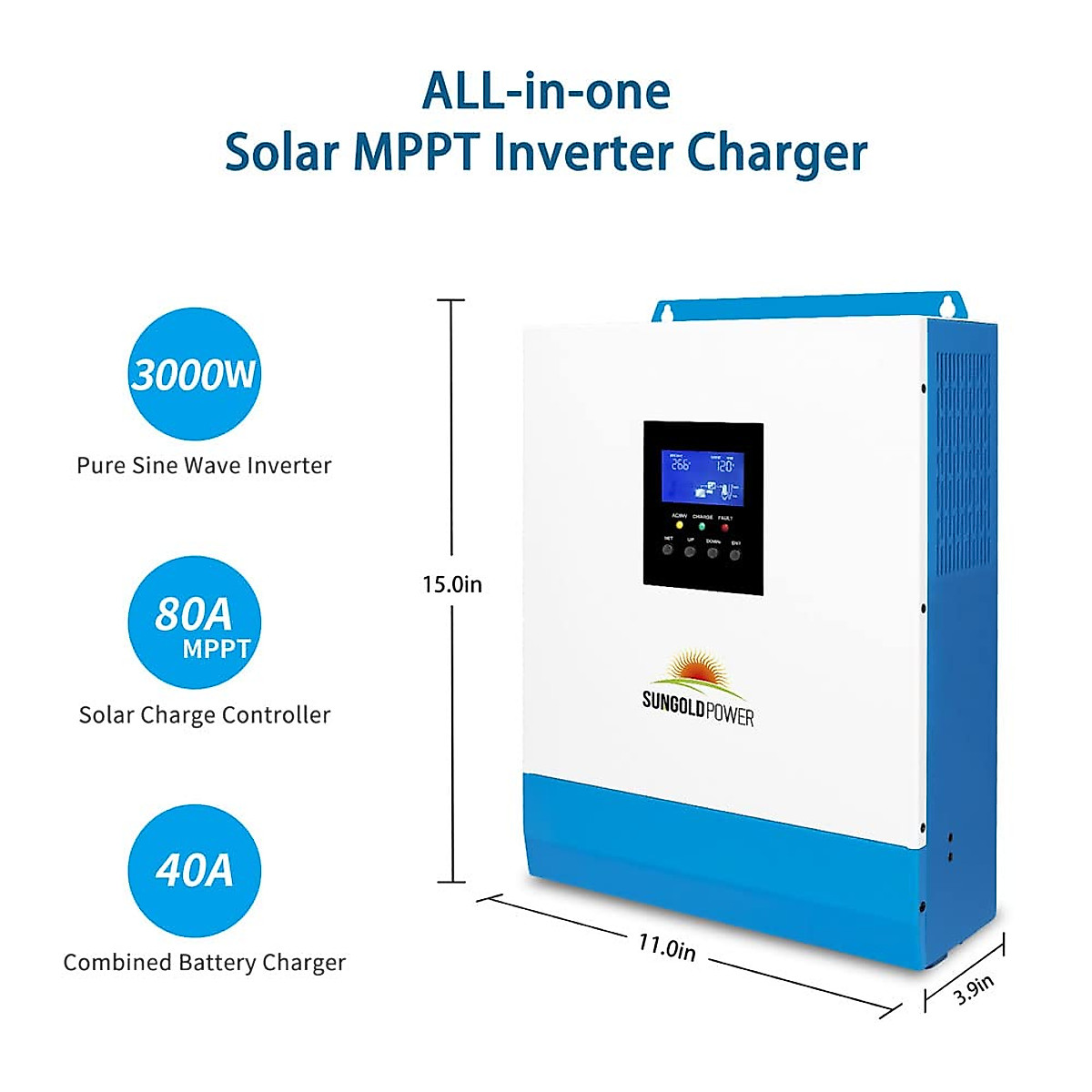 SUNGOLDPOWER 3000W 24V Hybrid Solar Inverter All in One, 120Vac AC Input,120Vac AC Output, 80A MPPT Solar Charger and 40A AC Battery Charger for Off Grid Solar System PV Range 120-450Vdc