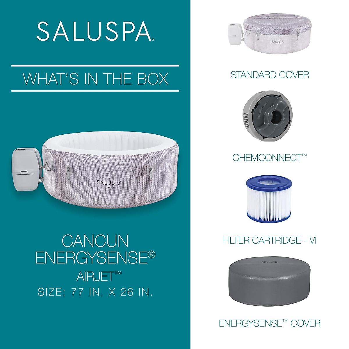 Bestway SaluSpa Cancun 71" x 26" Inflatable Hot Tub Round Portable Outdoor Spa with 120 AirJets and EnergySense Energy Saving Cover, Grey