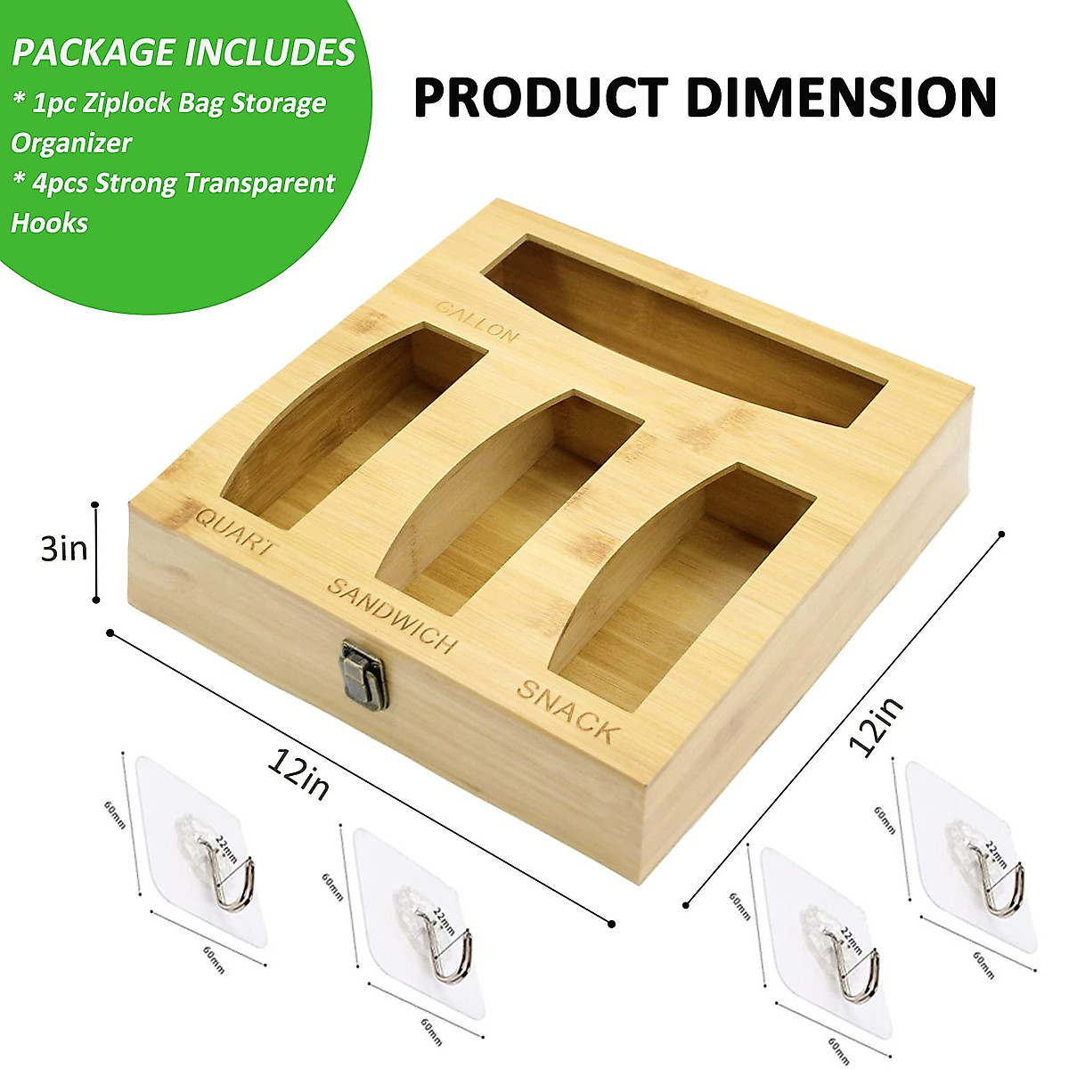 POBIDOBY Storage Bag Organizer Ziplock Bag Storage Baggie Organizer Dispenser for Kitchen Drawer with 4pcs Hooks, Bamboo Organizer Compatible with Gallon, Quart, Sandwich & Snack Variety Size Bags