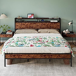 LUXOAK King Size Bed Frame, Platform Bed Frame with 2-Tier Storage Headboard and Charging Station/No Box Spring Needed/Noise Free/Industrial/Rustic Brown