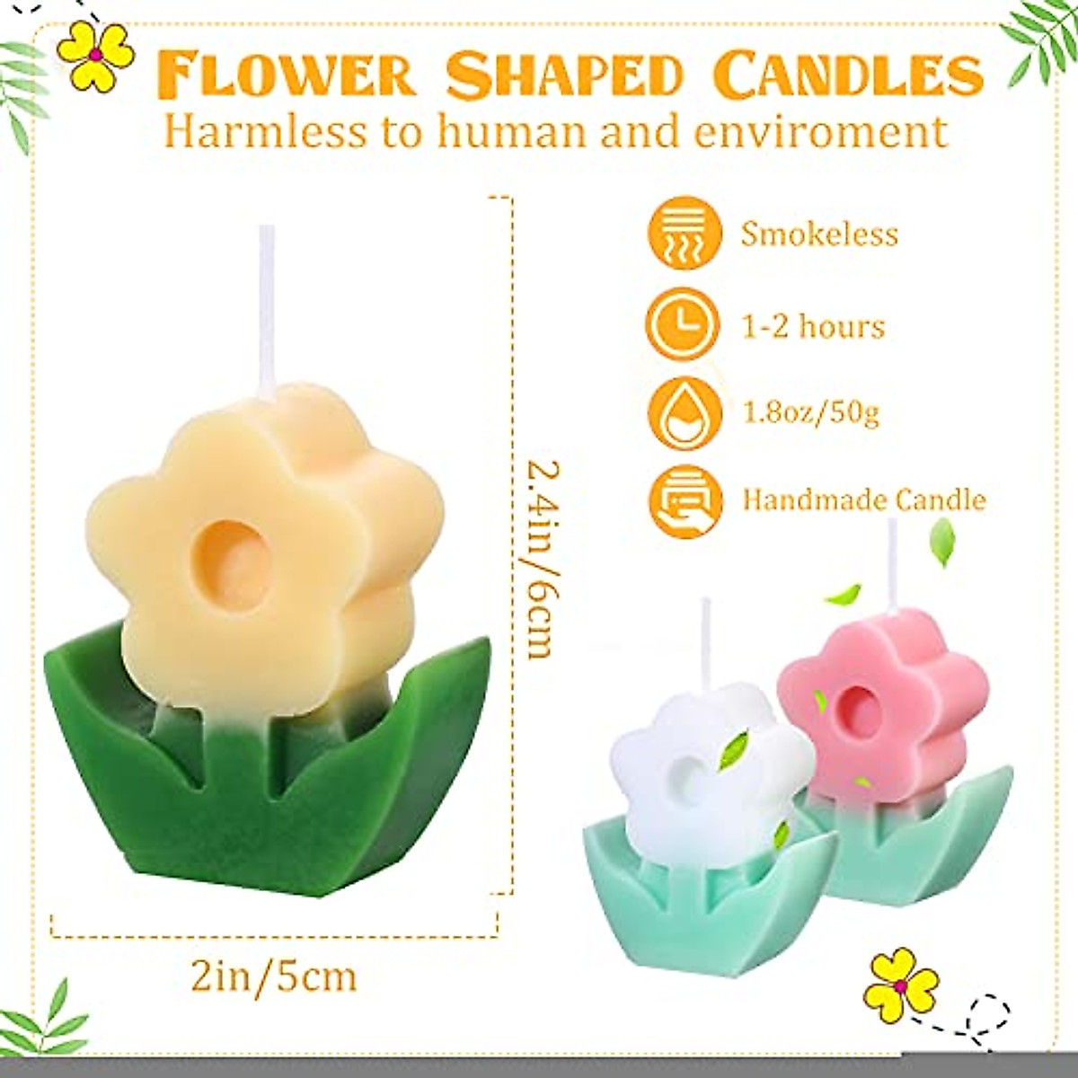 3 Pcs Flower Shaped, Aesthetic, Cool, Cute, Danish Pastel Room Decor Paraffin Soy Funky Scented Candle Bridal Showers for Gift Wedding Party Favors (Pink, White, Yellow)