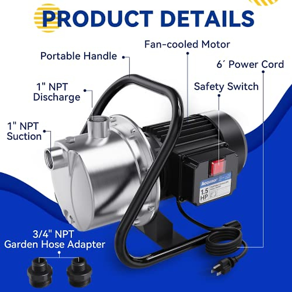 Acquaer 1.5HP Portable Shallow Well Pump Garden Pump, Stainless Steel, 1210GPH, 115V Sprinkler Pump Water Transfer Draining Irrigation Pump for Water Removal/Lawn Garden