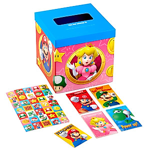 Hallmark Valentines Day Cards for Kids and Mailbox for Classroom Exchange, Super Mario Bros (1 Box, 32 Valentine Cards, 35 Stickers, 1 Teacher Card)