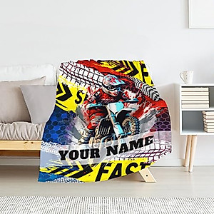 Personalized Motorcycle Boys Blanket with Name - 40 x 50 Inches Blankets for Couch, Sofa - Blue Funny Plush Soft Throw Blanket Motorbike Gifts for Rider