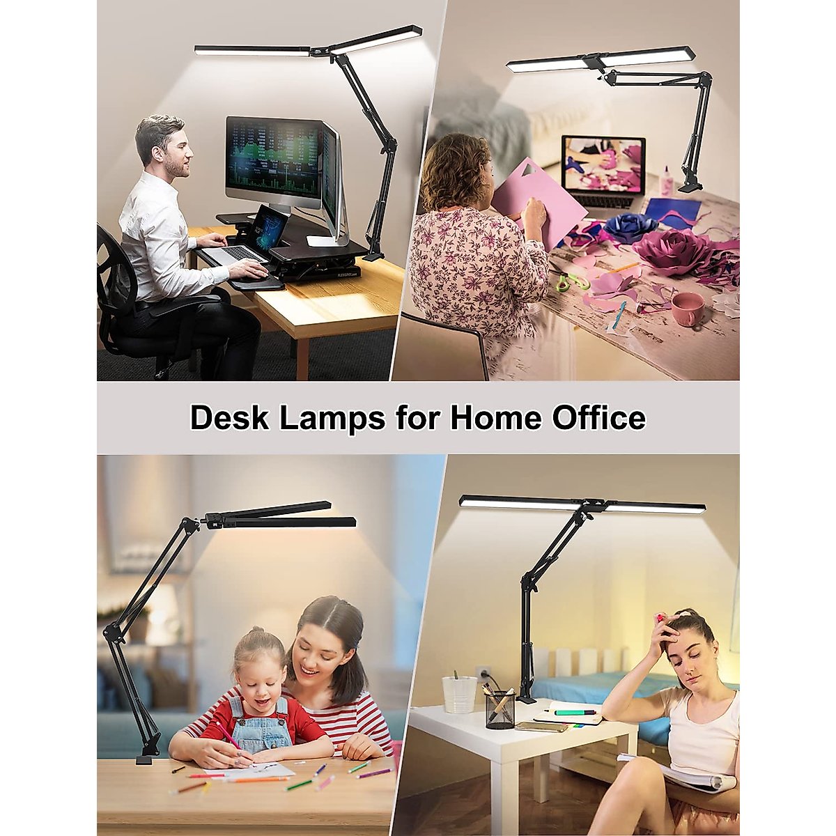 BRISON Double Head LED Desk Lamp, 24W for Home Office with 160 LED Beads, Swivel Arm Architect Desk Light with Clamp, 3 Lighting 10 Brightness, Adjustable Table Light for Read/Monitor/Work
