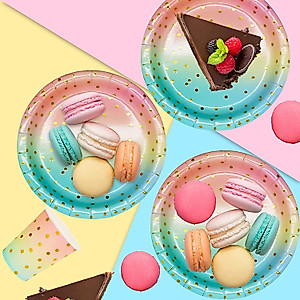 Hovico 120 Pieces Gold Polka Dot Party Plates with Paper Plates, Napkins, 9 Ounce Cups, Birthday, Graduation, Cocktail Party(Blue&Pink&Gold)