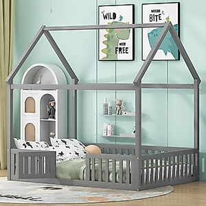 MERITLINE House Bed Floor Bed Frames for Kids,Wood Full Size Montessori Floor Bed with Fence and Door Design, Full Floor Bed with Rails for Baby Girls Boys, Grey