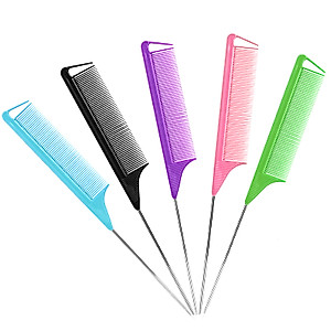 Professional Hair Styling Combs Set for Stylists: 5Pcs Metal Parting Combs for Braids and Teasing, Salon Quality, A Style