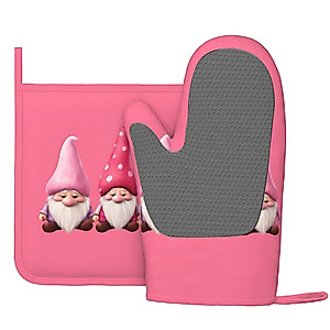 Oven Mitts Pot Holders Sets Pink Cute Gonme Silicone Oven Gloves Kitchen Accessories for Baking Cooking Dining