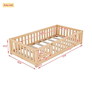 Harper & Bright Designs Twin Size Floor Bed Frame, Wooden Twin Montessori Floor Bed with Rails, Door and Support Slats, Kids Twin Size Bed Frame for Boys & Girls, Natural