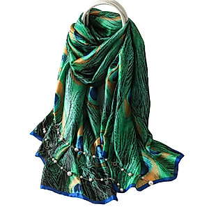 JLTPH Women Soft Scarves Green Peacock Feather Printing Scarf Sun Protection Shawl Wrap