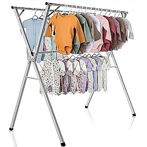 TORIBIO Clothes Drying Rack, 47 Inch Retractable Laundry Drying Rack Folding Indoor Outdoor, Length Adjustable Heavy Duty Stainless Steel Clothing Drying Rack with Windproof Hooks