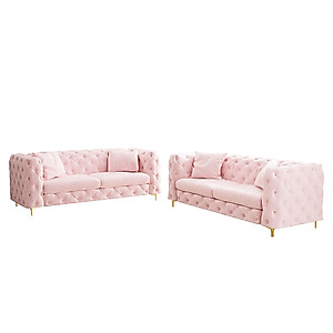 DAMAIFROM 75 Inch Sofa Couch Set of 2, Modern Upholstered Couch Tufted Velvet Sofa High Arm and Metal Gold Legs Decor with 2 Piilows Big Comfy Couch for Living Room, Pink
