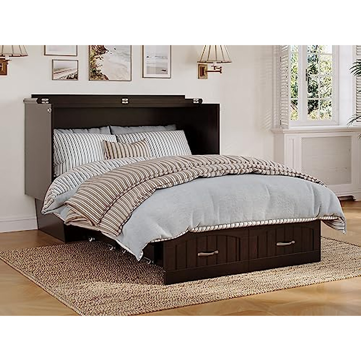 AFI, Nantucket Murphy Bed Chest with 6 inch Memory Foam Folding Matttress, Built-in Charging Station and Storage Drawer, Full, Espresso