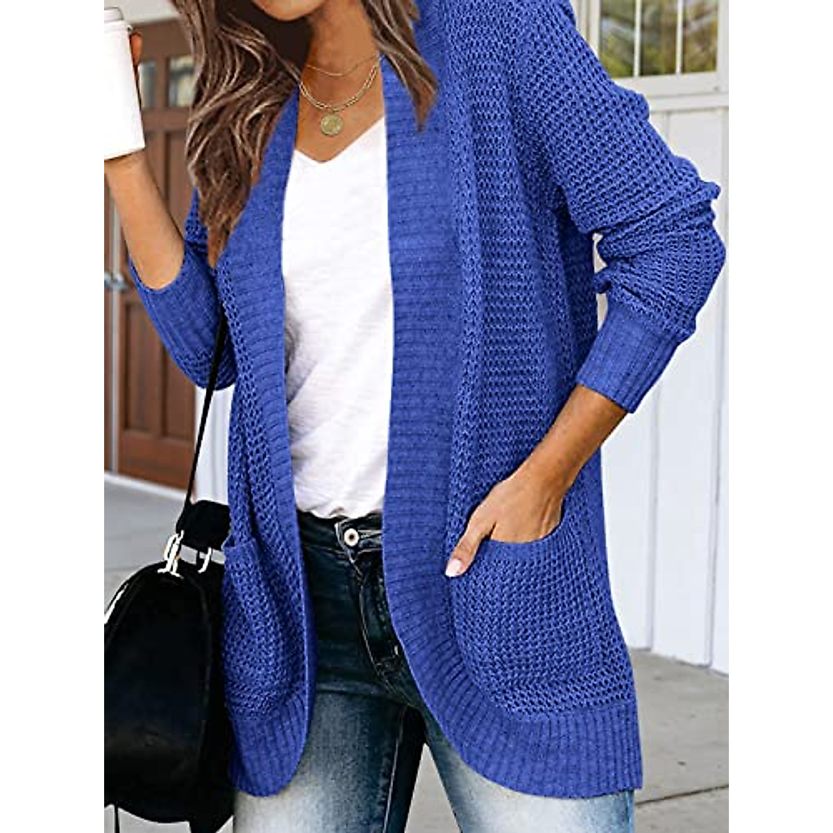 ZESICA Women's 2023 Long Sleeve Open Front Casual Lightweight Soft Knit Cardigan Sweater Outerwear,Blue,Medium