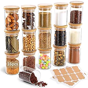 SOLEDI Glass Jars Set of 4.2OZ 16 Pieces, Spice Jars with Bamboo Lids, Pantry Glass Storage Jars with Labels, storage jars for Kitchen, Excellent Storage Container, Candy Jar for Seasonings