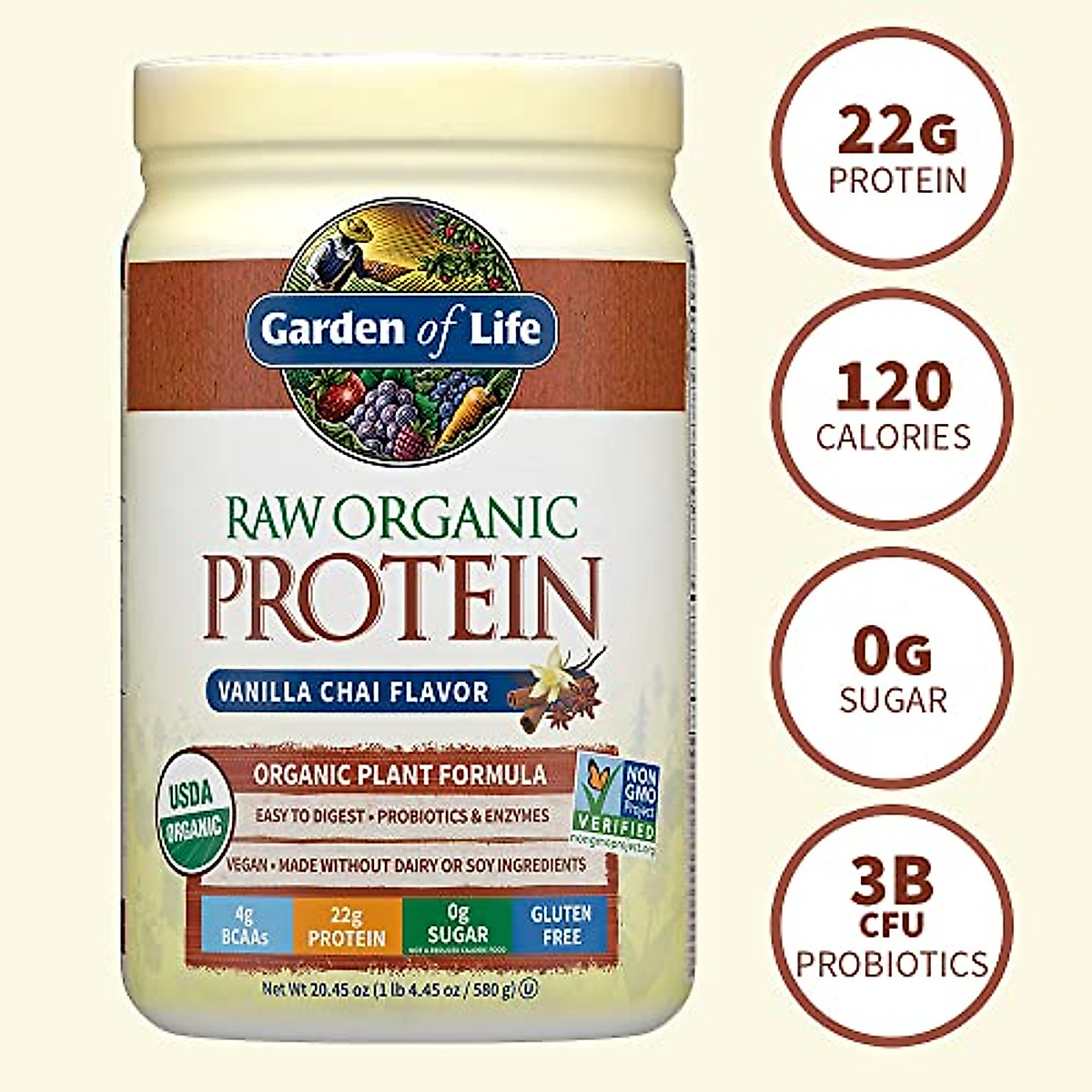 Garden of Life Raw Organic Protein Vanilla Chai Powder, 20 Servings, Certified Vegan, Gluten Free, Organic & Non-GMO, Plant Based Sugar Free Protein Shake, Probiotics & Enzymes, 4g BCAAs, 22g Protein