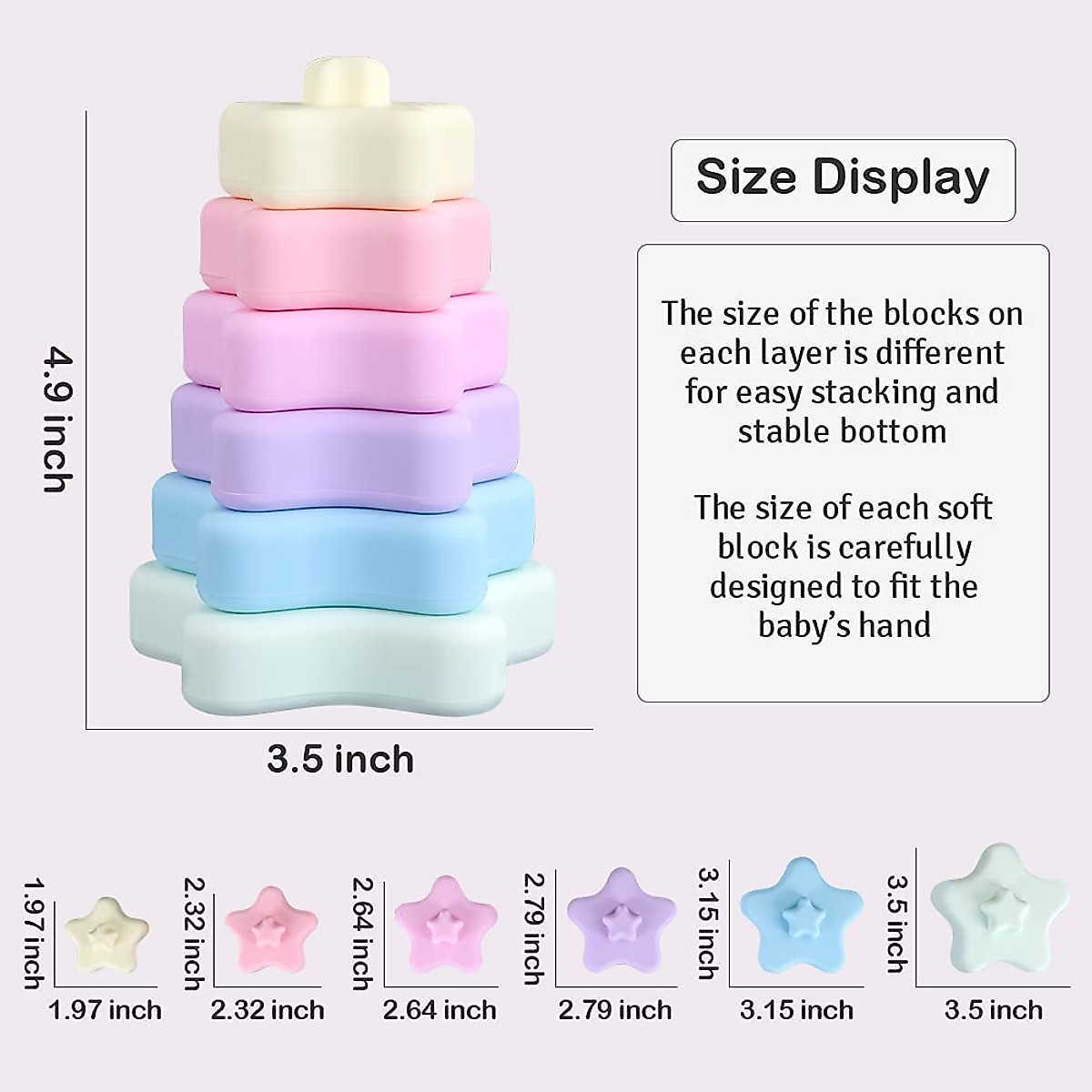 AmazingM Baby Silicone Stacking Toy,6 Pcs Soft Building Ring Stacker,Blockers Tower Teether for 6+ Months Boys and Girls Early Educational Learning. (Star)