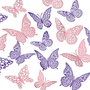 3D Gold Butterfly Wall Decor 48Pcs 3 Sizes 4 Styles Butterfly Party Decorations Cake Decorations Removable Stickers Wall Decor Room Mural Metallic Kids (Purple+Pink)
