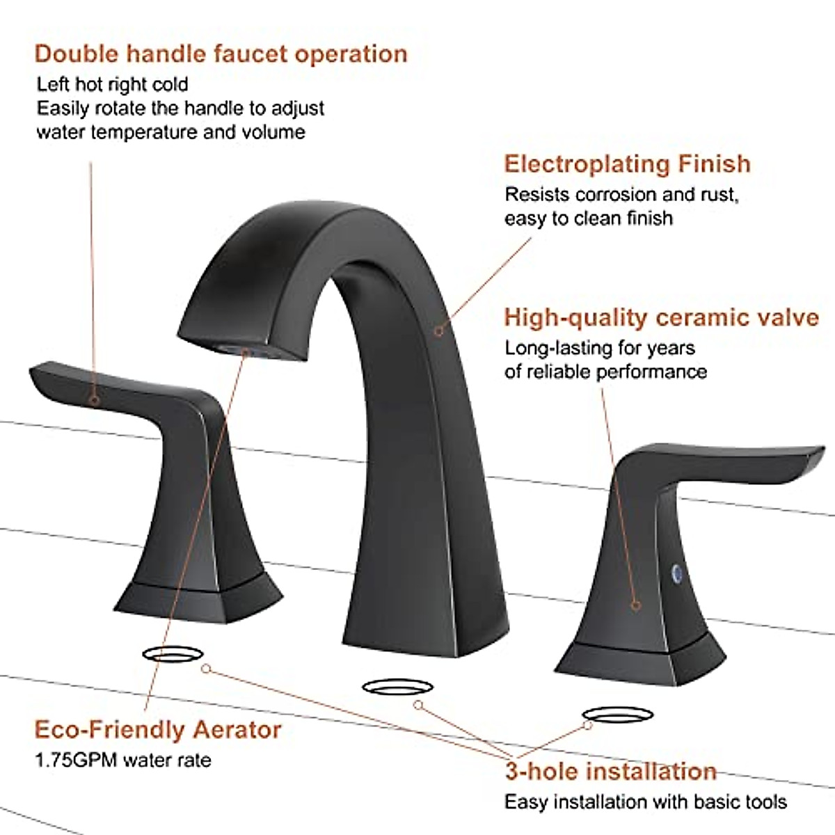 Bathroom Sink Faucet, Black Bathroom Faucets, Widespread Bathroom Faucet for Sink 3 Hole - 2-Handles Faucet with Pop Up Drain Assembly and 2 Water Supply Lines Faucets for RV Bath Vanity