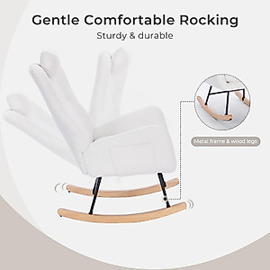 Unovivy Rocking Chair Nursery, Teddy Upholstered Nursing Armchair with Wood Base, Baby Glider Rocker with Headrest & Side Handy Cocket, Small Gliding Seat for Living Room, Bedroom, Office