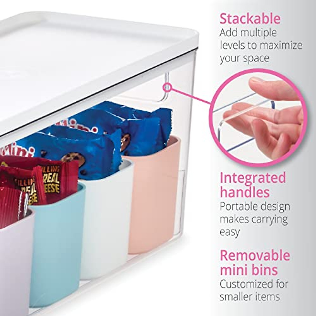 Rosanna Pansino x iDesign Recycled Plastic Kitchen Storage Bins, Includes 1 Large Bin with Lid and 4 Small Bins, Multicolored Bins/Marshmallow Lid, 6” x 12” x 6”