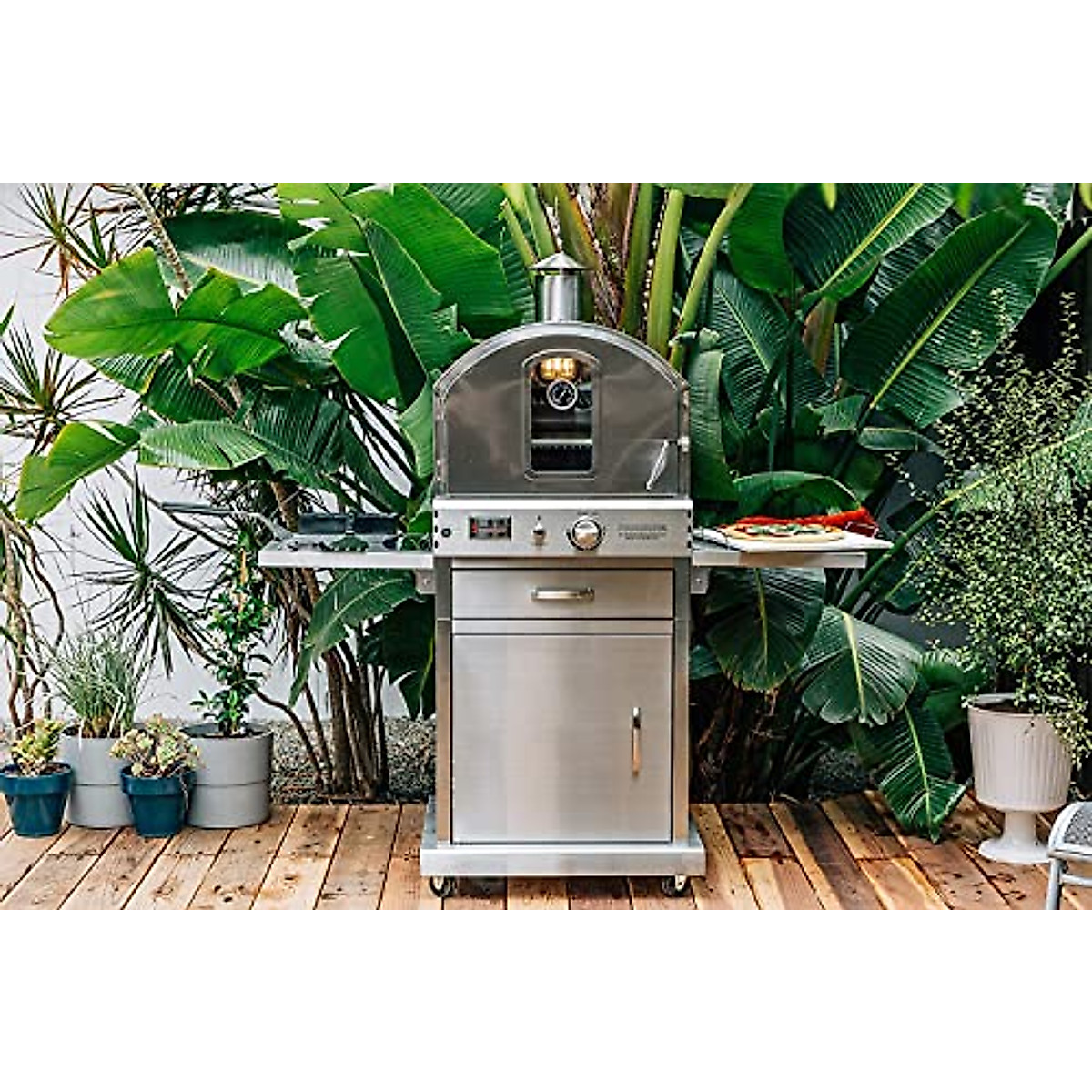 AMS Fireplace Summerset Freestanding Pizza Oven | Large Capacity Propane Gas Outdoor Pizza Oven with Pizza Stone and Smoker Box & Mobile Cart | 304 Stainless Steel Construction | FREE Tabletop Fire Pit (Propane Gas)