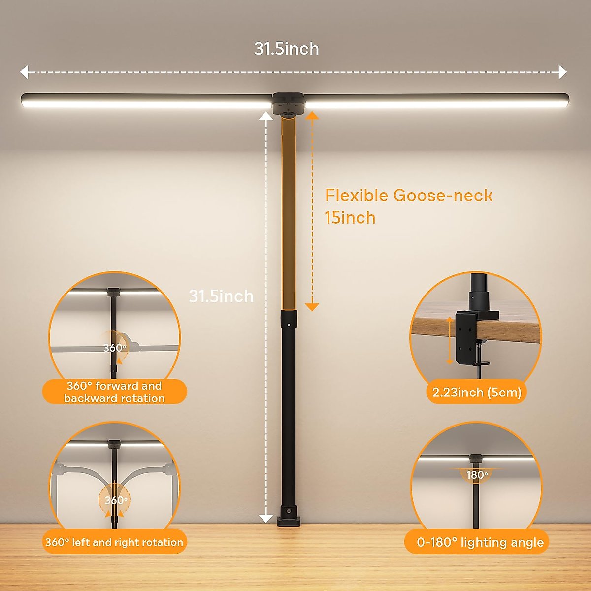 APMIEK LED Desk Lamp for Home Office, 24W Remote Control Computer Desk Light Bright Desktop Lamp Multi Lighting Modes Dimmable Clamp Desk Lighting for Work with Adjustable Gooseneck, Double Head,Black