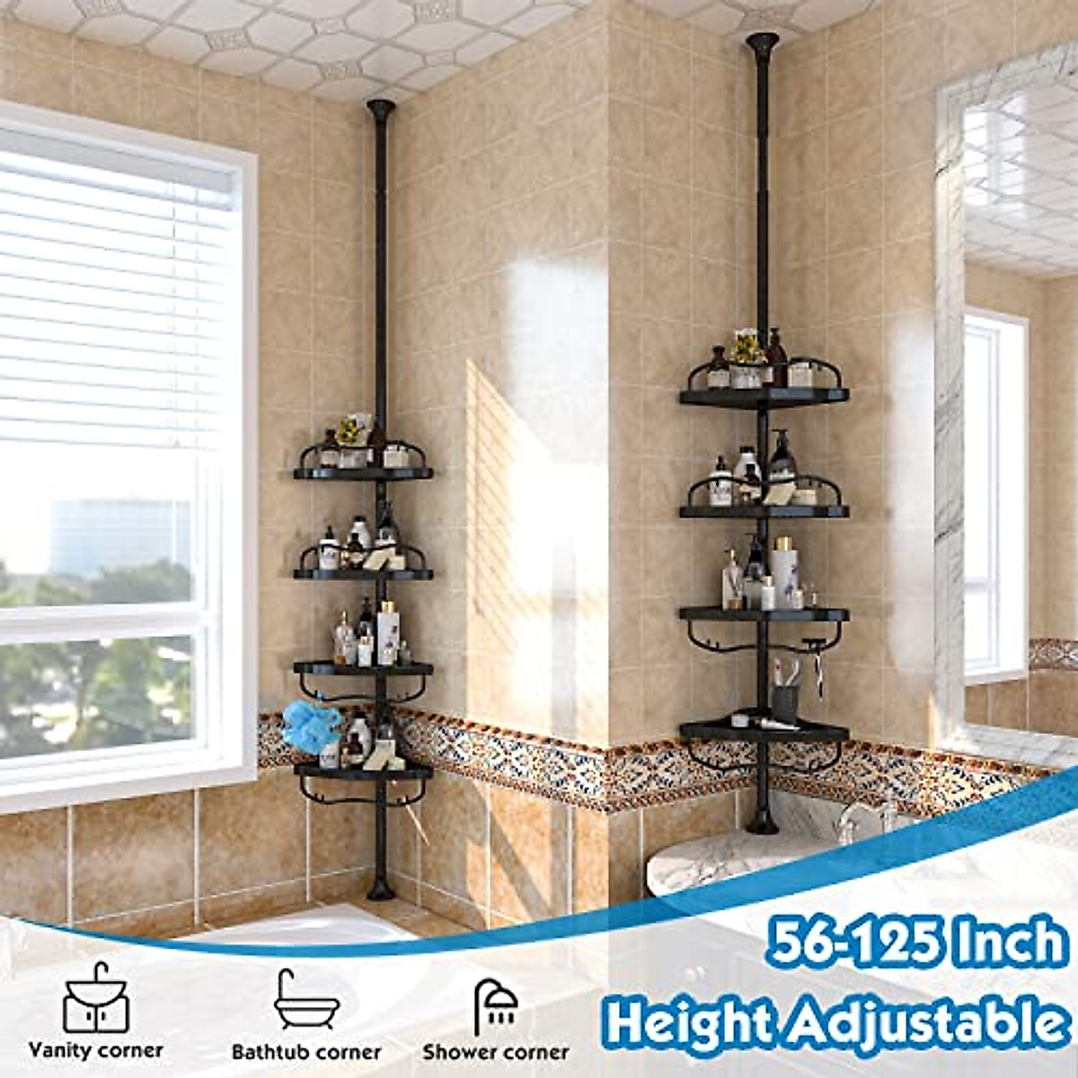 Shower Caddy Corner, 56 to 125 Inch Adjustable Tension Pole Corner Shower Caddy with 4 ABS Baskets,Rustproof Stainless Pole, Drill Free Shower Rack, Large Shower Storage Shelf for Inside Shower