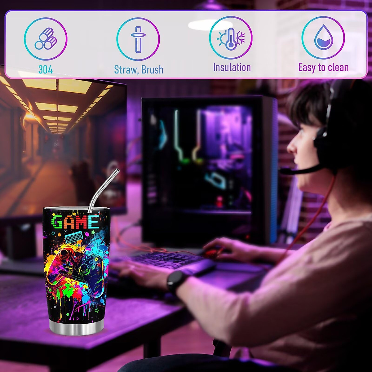 Gamer Gifts, Gifts for Gamers, Cool Gamer Present for Men Teenage Teen Boys Boyfriend, Gaming Mugs Stuff, Video Games Party Favors, The Game Men Boy Birthday Room Decor Stainless Steel Tumbler 20oz