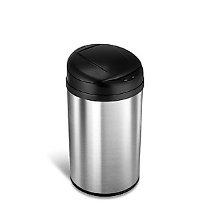 NINESTARS DZT-40-8 Automatic Touchless Infrared Motion Sensor Trash Can, 11 Gal 40L, Stainless Steel Base (Round, Black Lid)